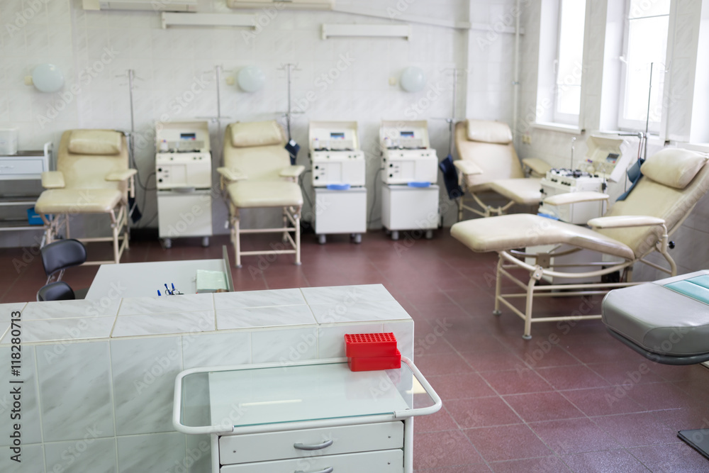 blood bank laboratory with Plasma Collection Systems and medical chairs ...