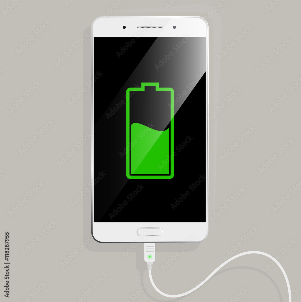 White smart phone is charging. The cable is connected to the phone ...