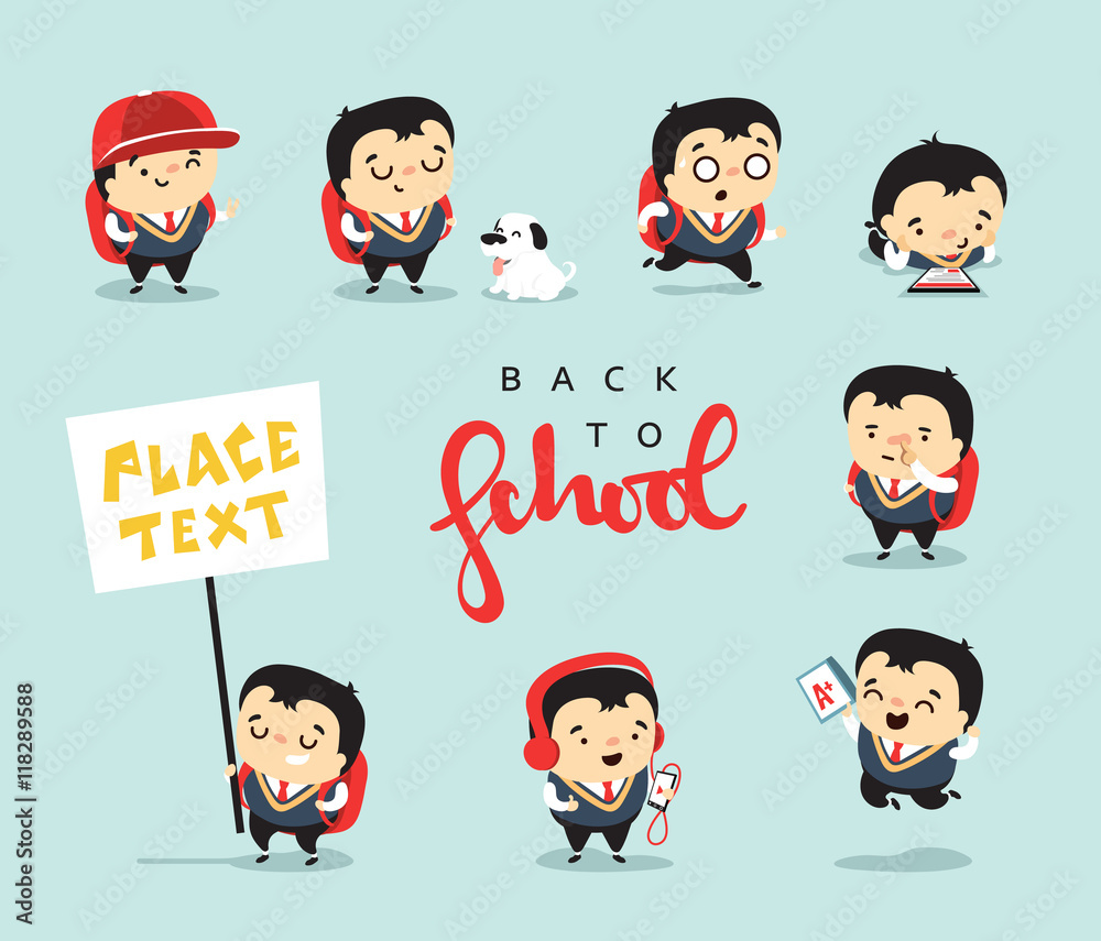 School isolated characters. Student with different emotions, smile rage ...