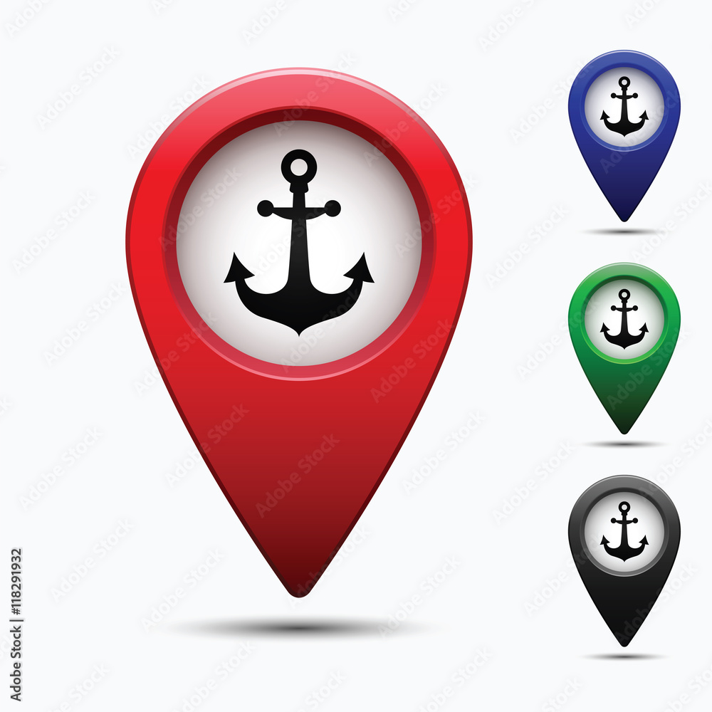 Colored map pointer with symbol anchor and sea port. For location maps ...