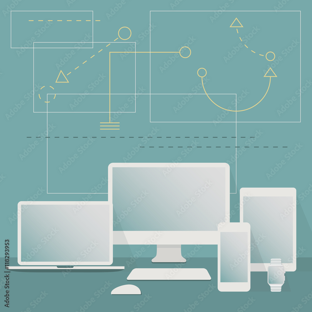 Modern white Digital Devices set with graphical blue background Stock ...