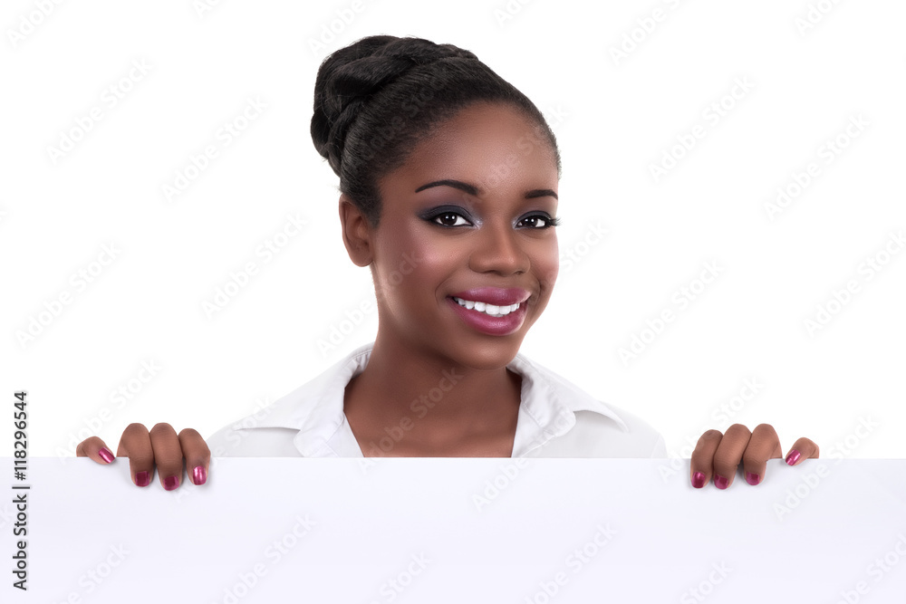 Happy African American black business woman holding up sign board Stock ...