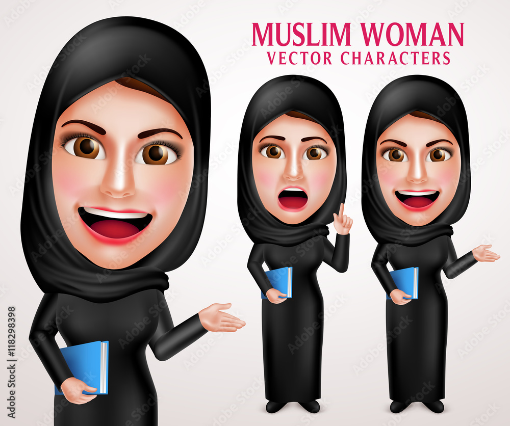 Muslim woman vector character set holding book with friendly smile ...