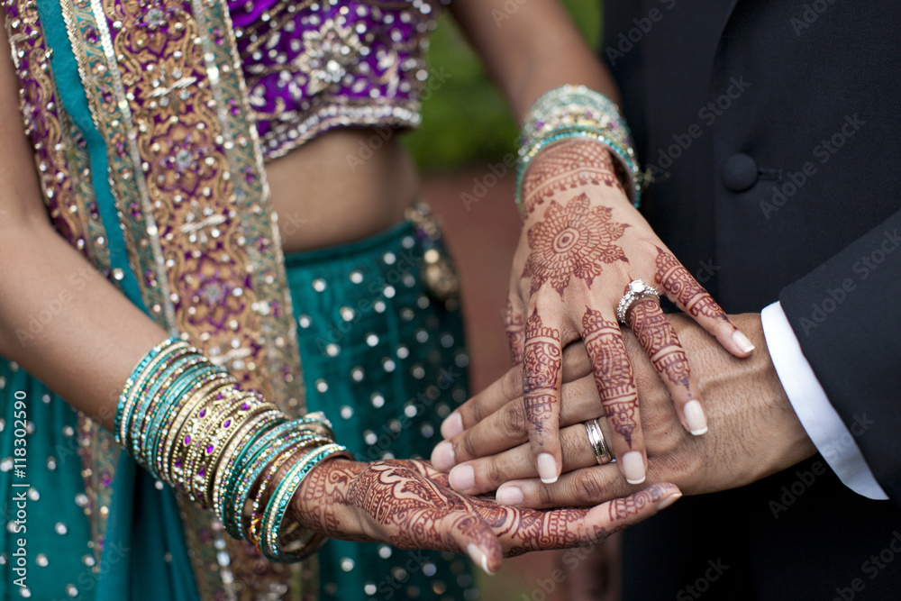 Indian wedding couple with ornate hand decorations Stock Photo | Adobe ...