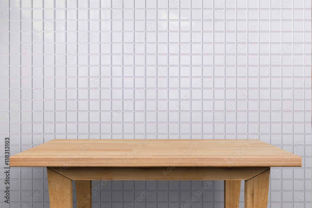 wooden table with wall tile background Stock Photo | Adobe Stock