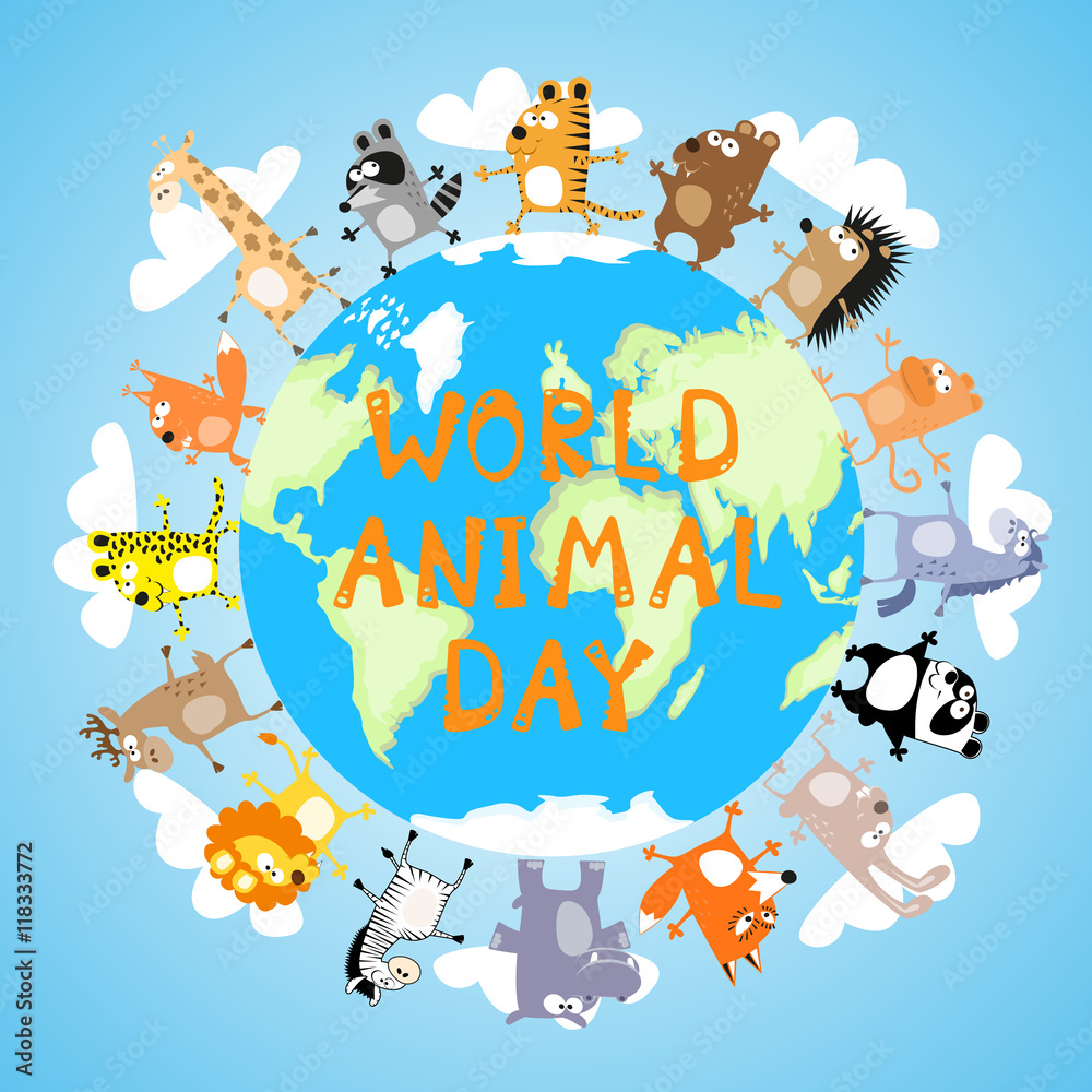 Banner World animal day with cute character drawing in funny cartoon ...