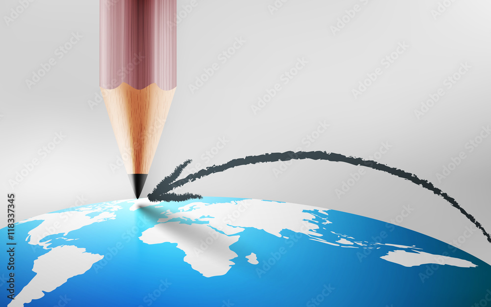 pencil draw a arrow line and points to the world map on planet Stock ...