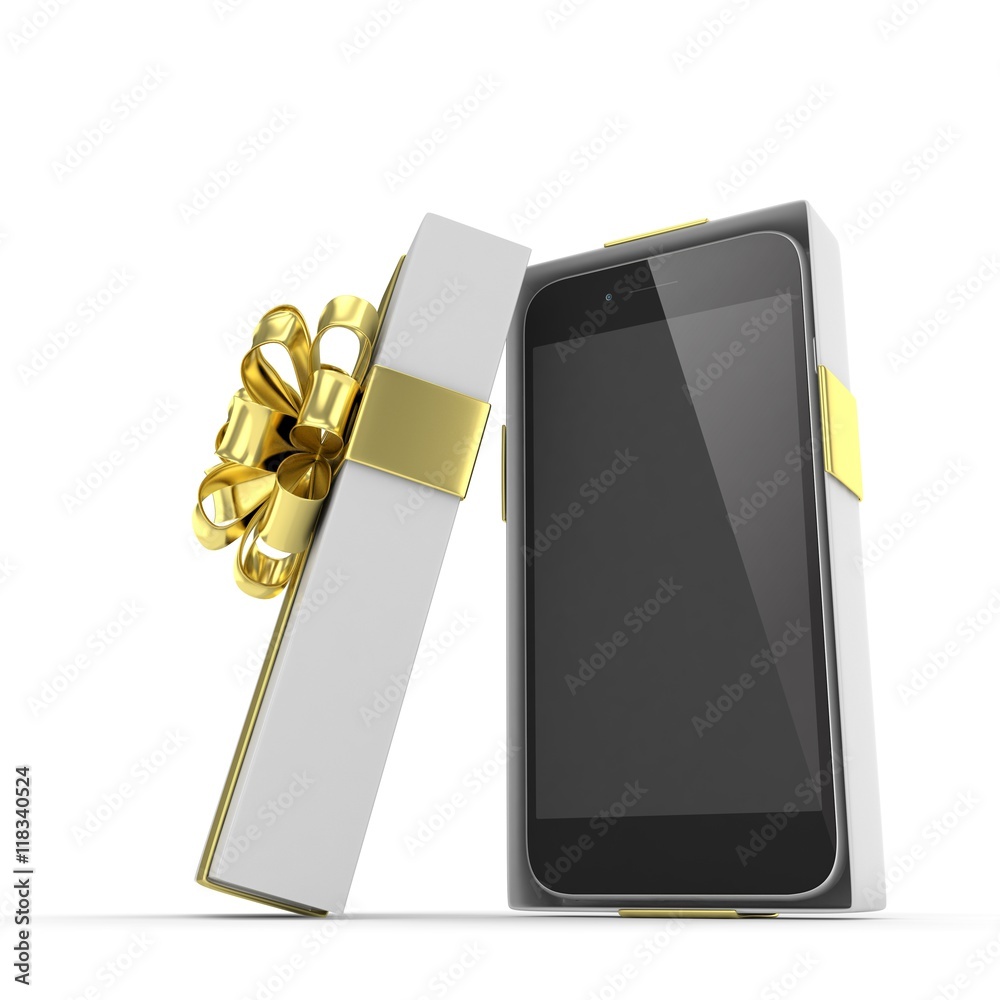 Smartphone in gift box. Isolated on white background. 3d rendering ...