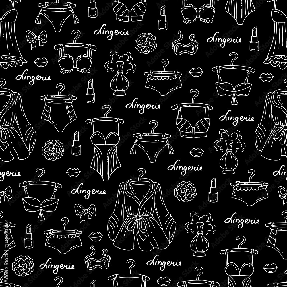 Vector Seamless Pattern With Hand Drawn Lingerie On Black Color Vector