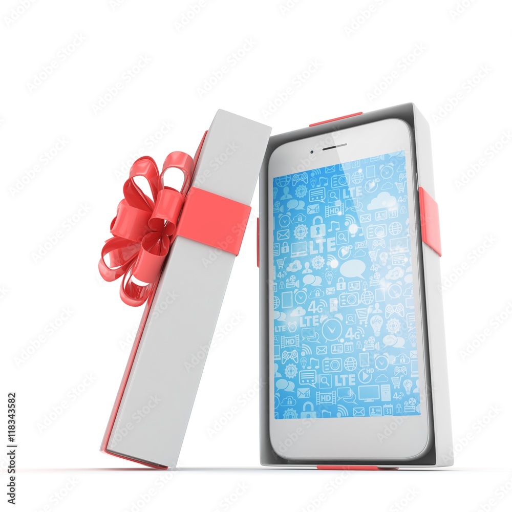 Smartphone in gift box. Isolated on white background. 3d rendering ...