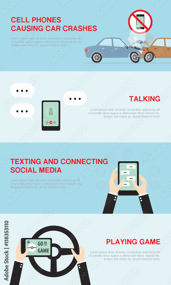 infographics banners collection with cell phones causing car crashes ...