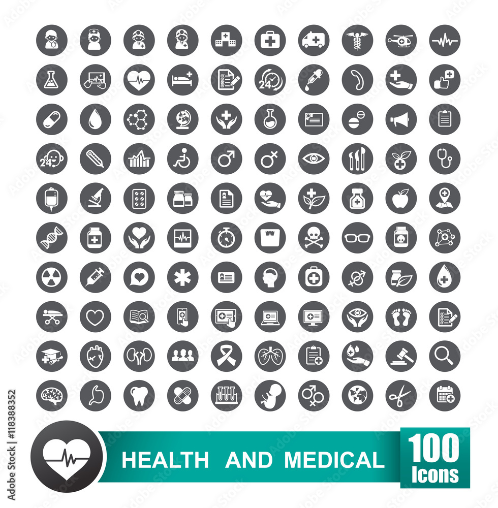 Set of 100 icons of health and medical with circle grey backgrou Stock ...