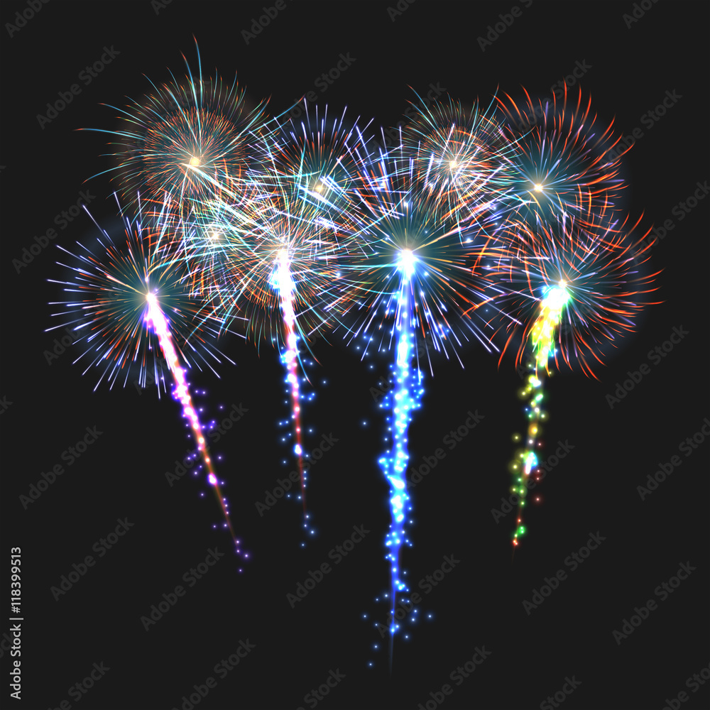 Festive patterned firework bursting in various shapes sparkling ...