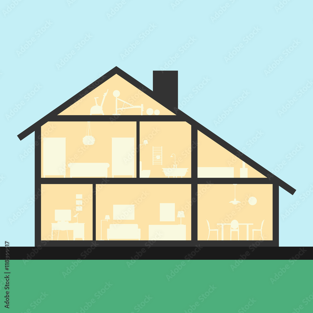 House inside. Detailed modern house interior in cut. Flat style Graphic ...