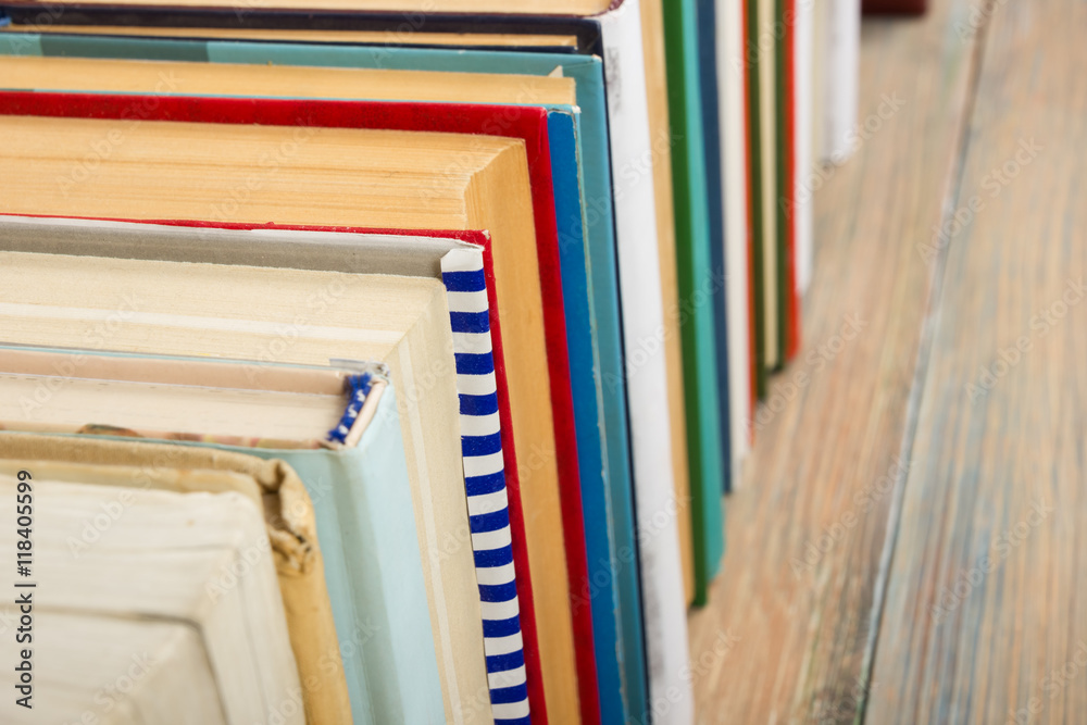 Books on grunge wooden table desk shelf in library. Back to school ...