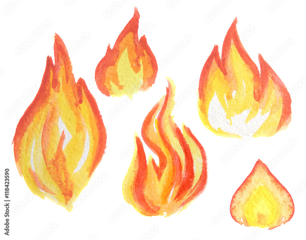 Watercolor flame set. Different kids of flames and fire. Fire element ...