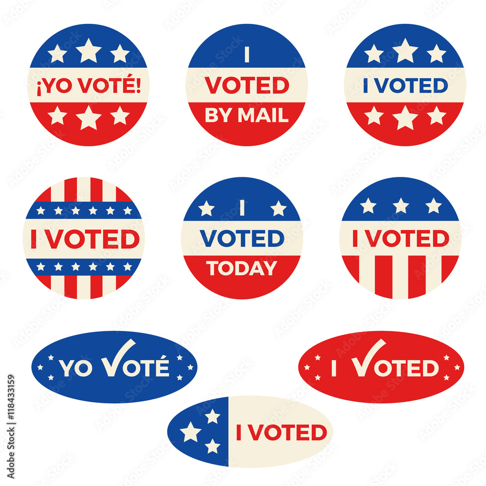 Set of nine different "I voted" badges and stickers, both in English ...