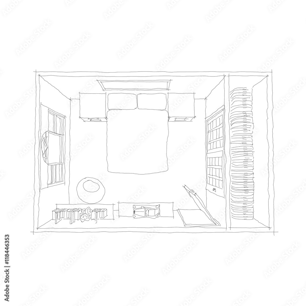 2D Freehand Sketch Drawing of interior roofless bedroom with wardrobe ...
