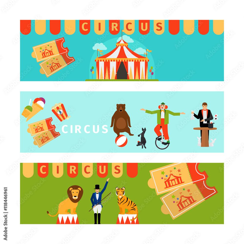 Circus banners in modern flat style. Vector illustration Stock Vector ...
