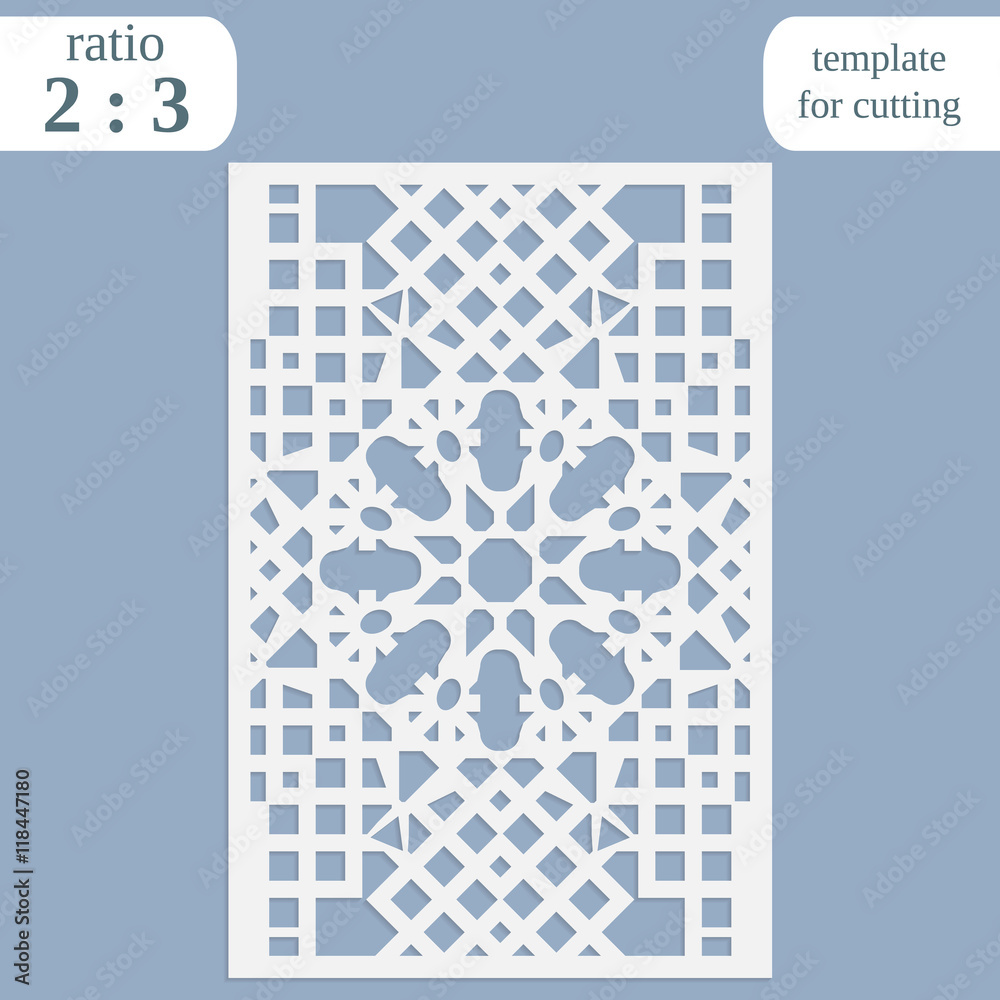 Paper openwork greeting card, template for cutting, lace invitation, lasercut metal panel, wood ...