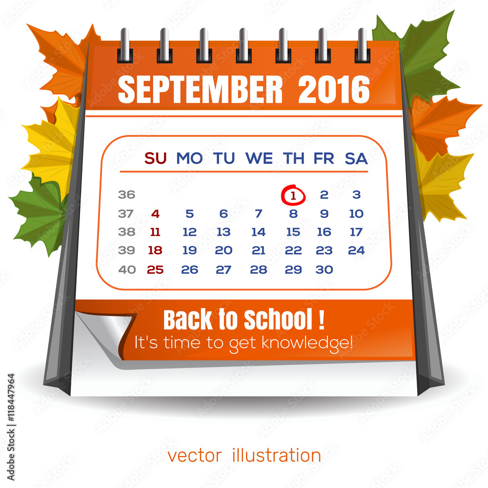 Calendar for September 1, 2016. Page quarterly calendar with a marked ...