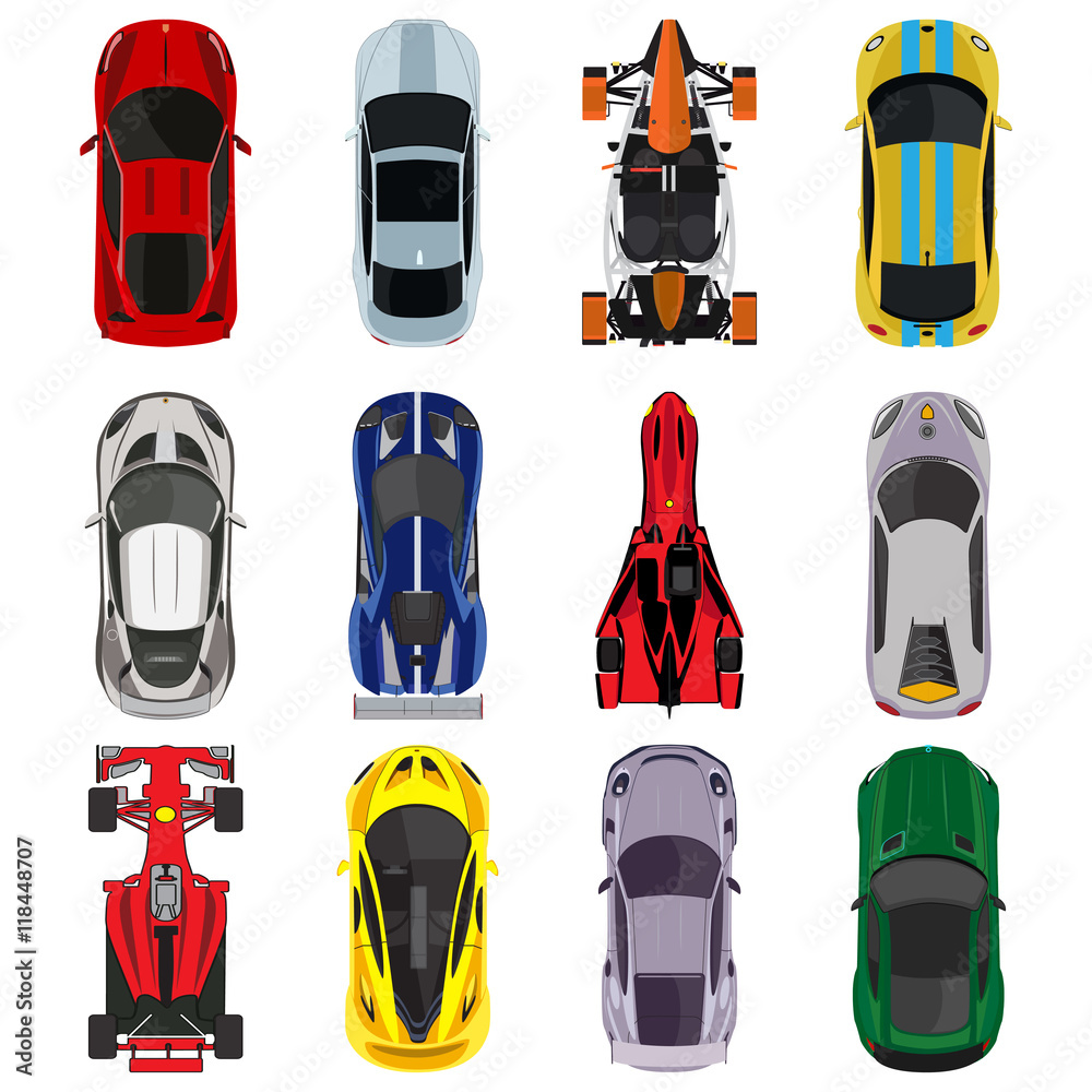 Sport and racing cars top view icons set isolated vector illustration ...