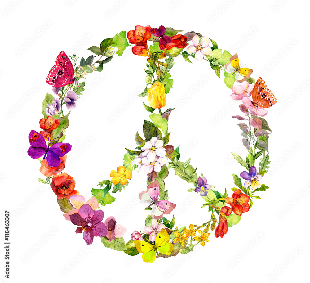 Floral peace sign with flowers, butterflies. Watercolor Stock ...