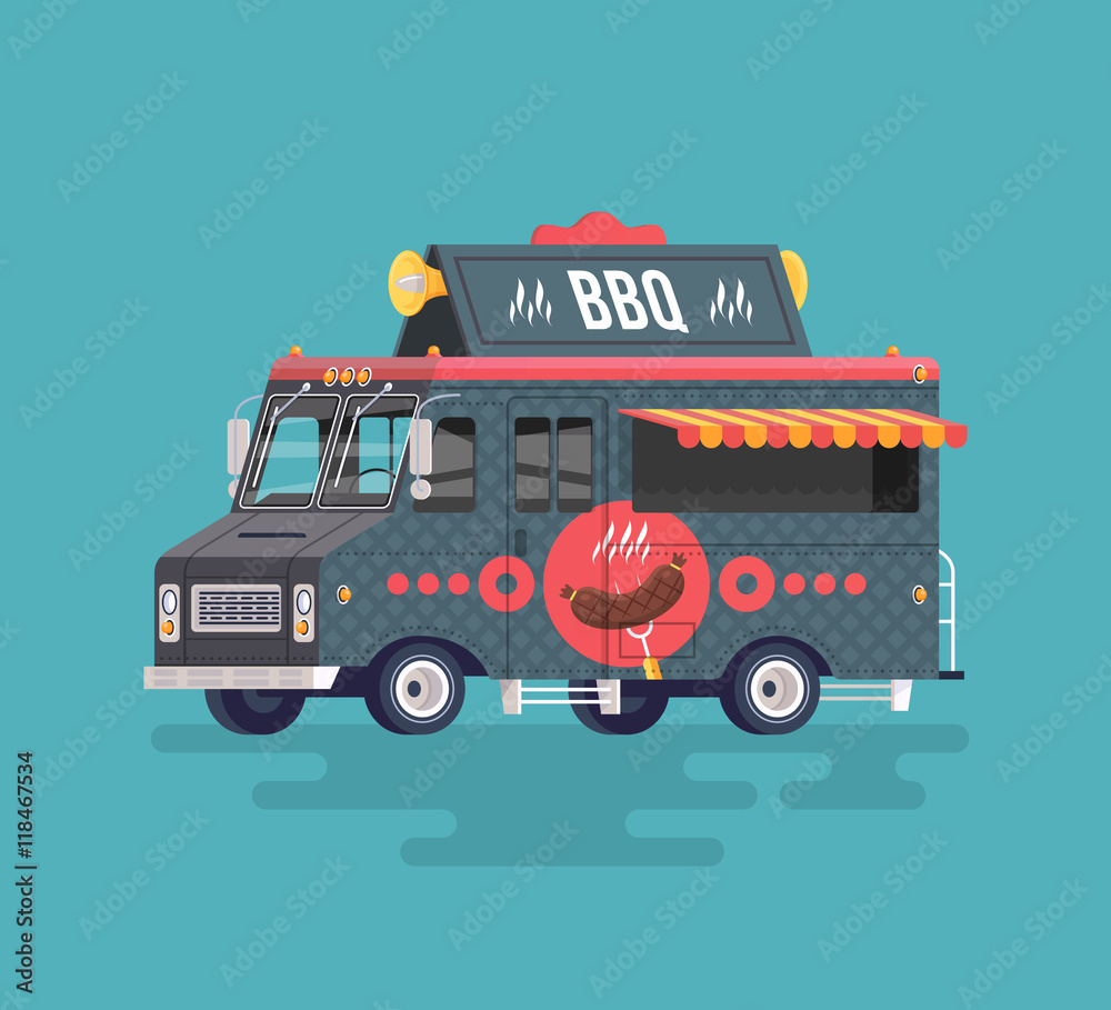 Vector colorful flat barbecue truck. Fried and smoked meat. Street ...