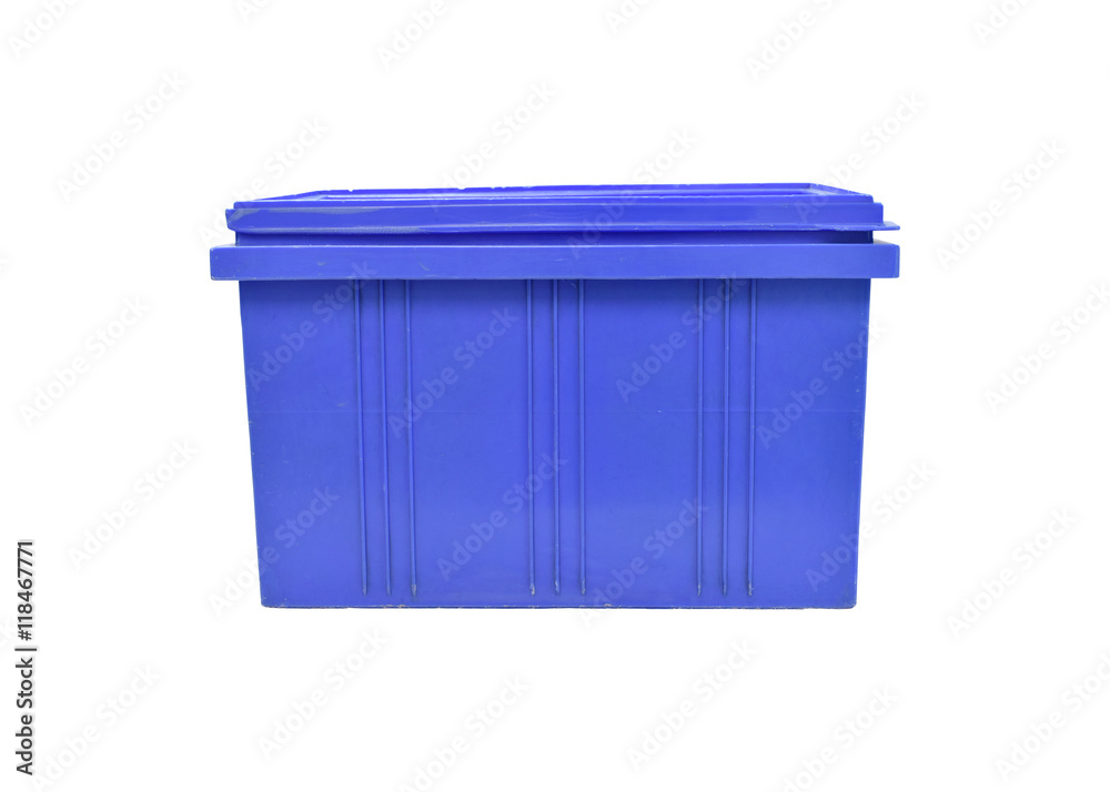blue plastic box packaging of finished goods product on white ...