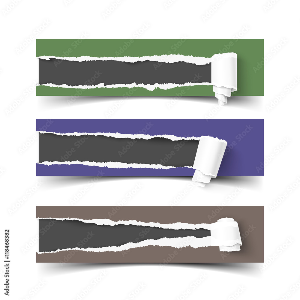 Set of three vector torn paper banners with paper rolls. Color ripped ...