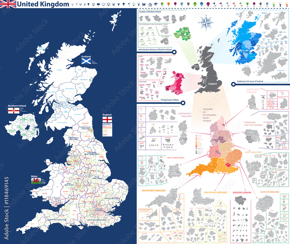 Poster high-detailed administrative units map of United Kingdom – Wall ...