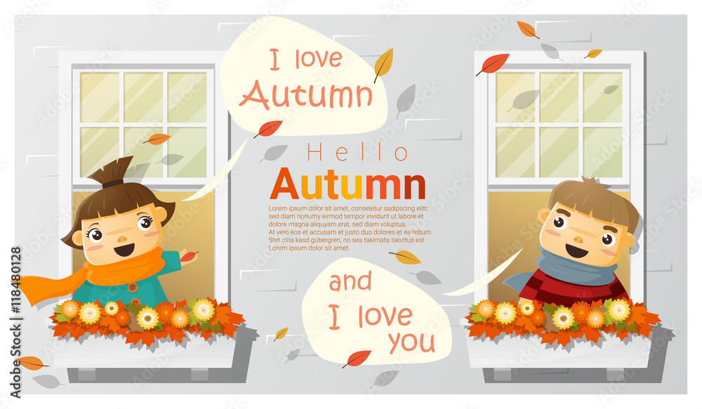 Hello autumn background with little boy and girl , vector ...
