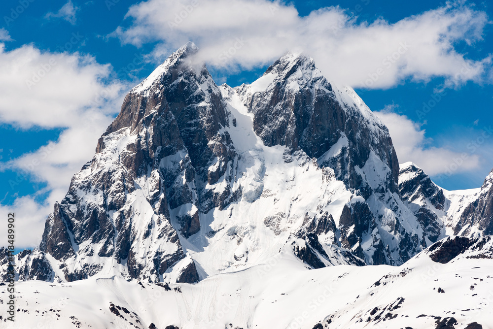 The top of Ushba Mountain, 4690 m. Svaneti region, Georgia. Ushba known ...