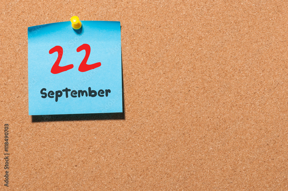 September 22nd. Day 22 of month, color sticker calendar on notice board ...