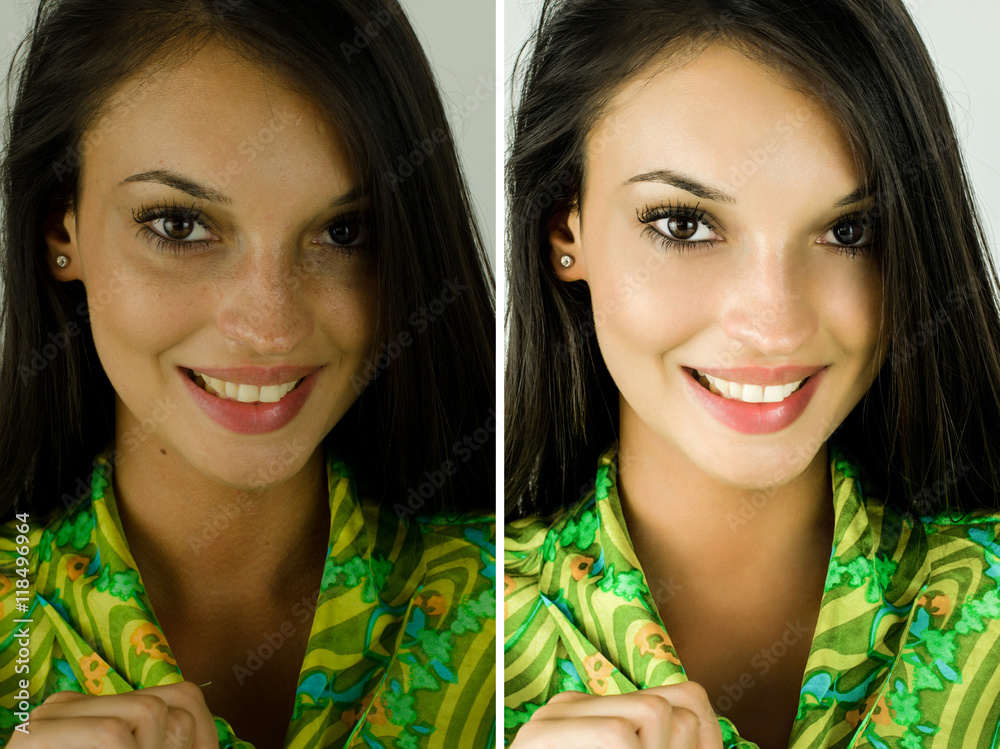 Portrait of a beautiful brunette girl before and after retouching with ...