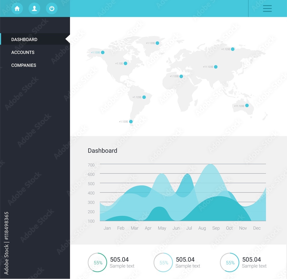 Infographic dashboard template with flat design graphs and charts ...