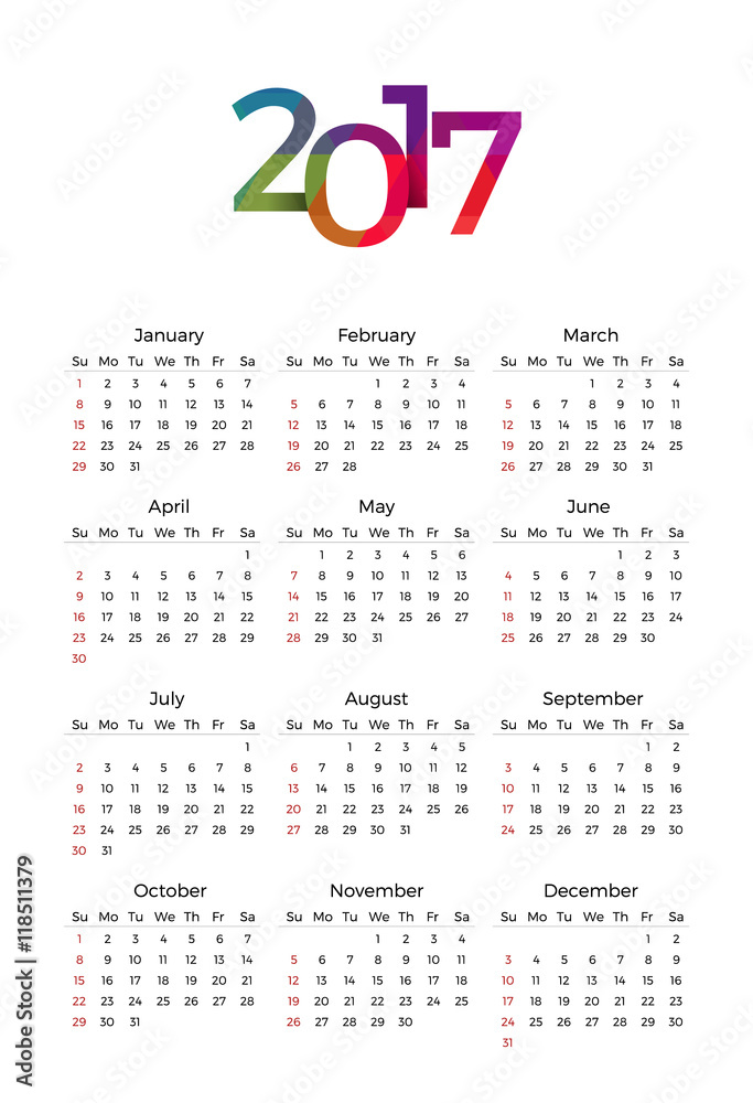 Calendar 2017 Vector template with week starting on sunday in white ...