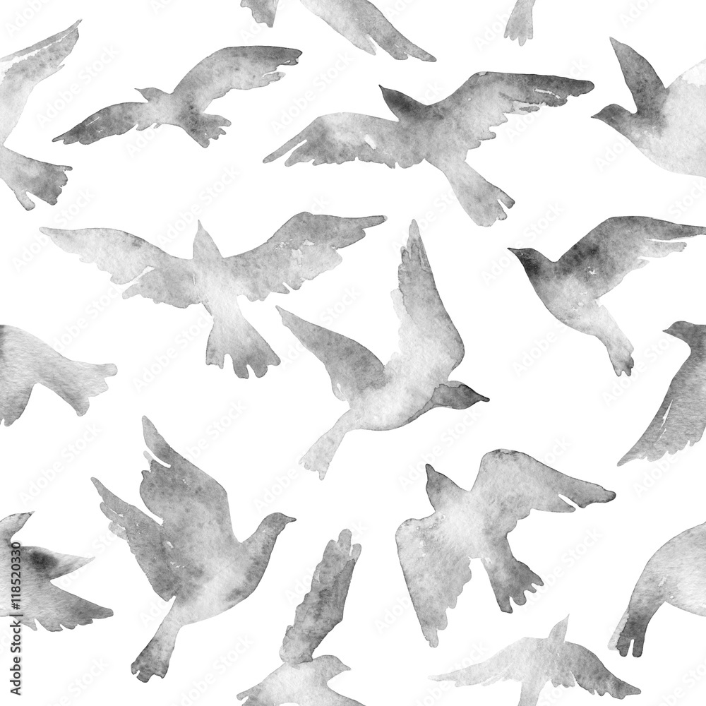 Abstract flying bird set with watercolor texture isolated on white ...