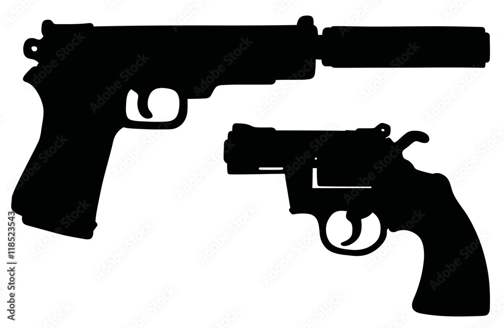 Hand drawing of short revolver and handgun with the silencer Stock ...