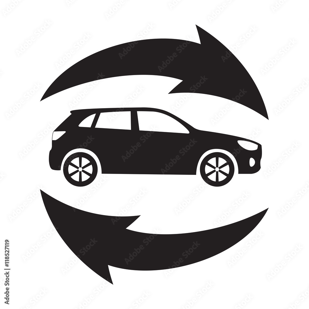 Auto business icon. Car with round arrows. Car trade in symbol isolated ...