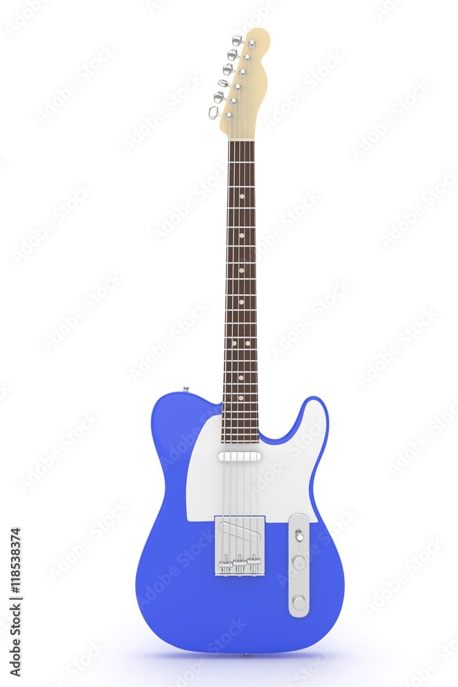 Isolated blue electric guitar on white background. Musical instrument for rock, blues, metal ...