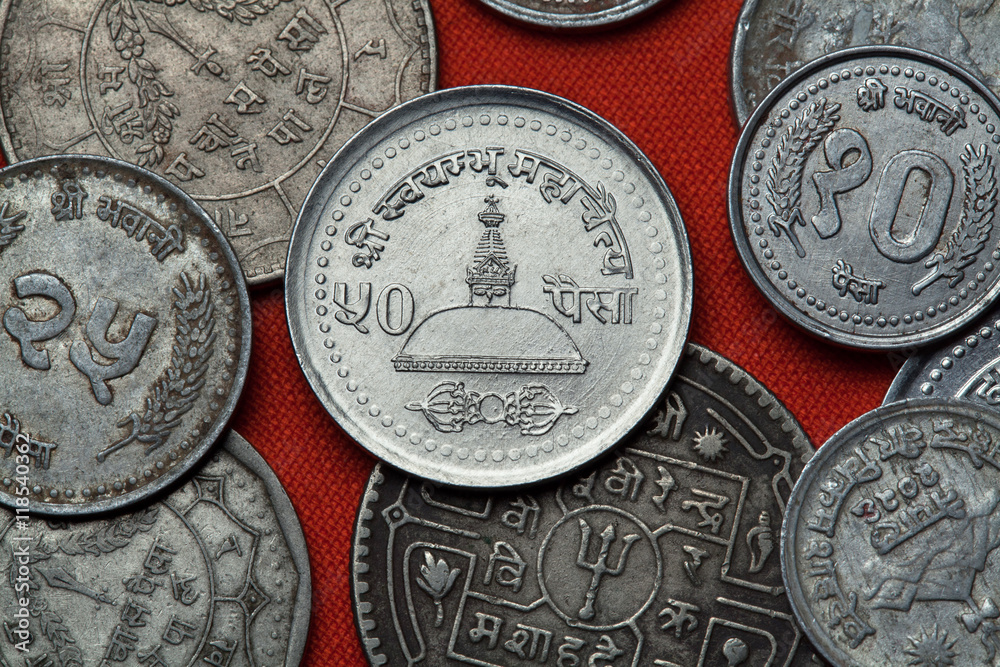 Coins of Nepal. Swayambhunath Temple in Kathmandu Stock Photo | Adobe Stock