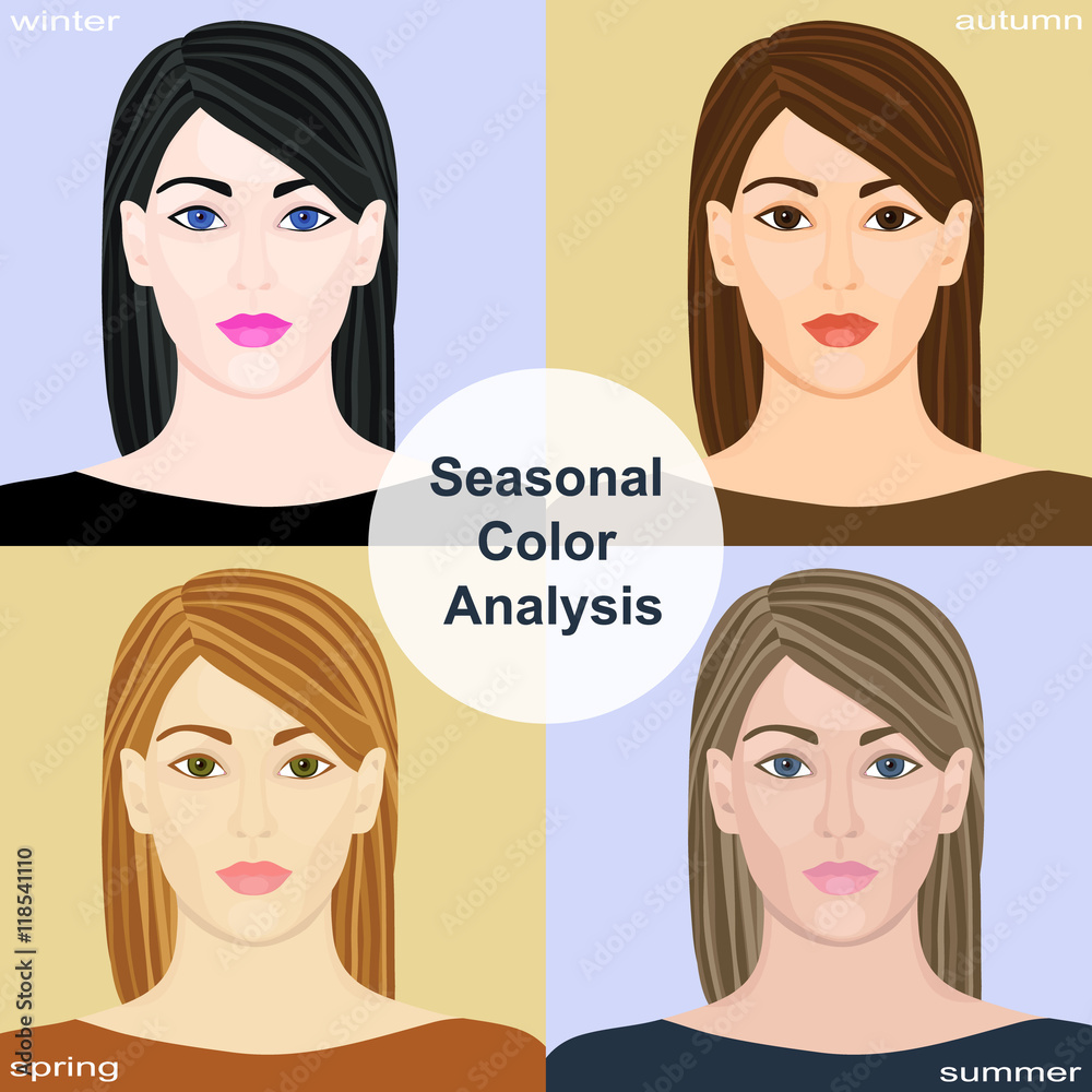 Seasonal color analysis. Set of vector girls with different types of ...