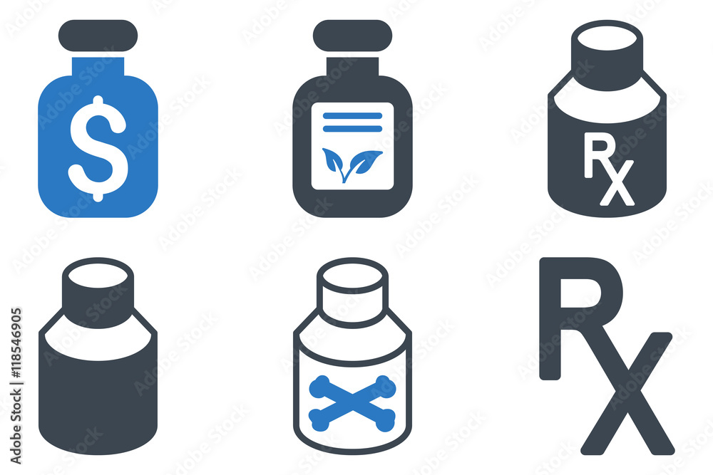 Drugs Vial vector icons. Icon style is bicolor smooth blue flat symbols ...