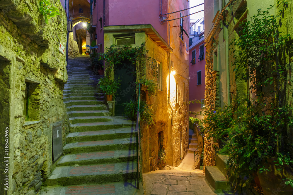 Narrow dark alley and stairway in the old town - typical Italian ...
