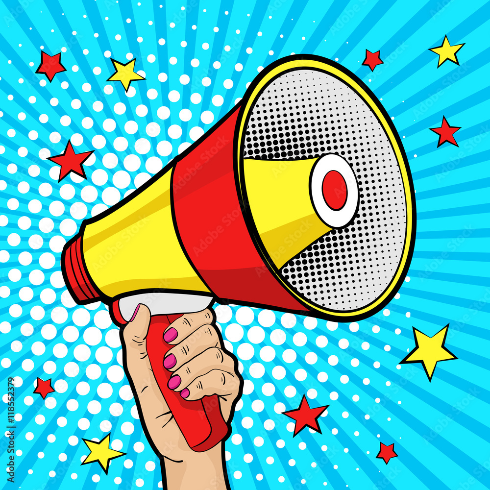 Female hand with megaphone with stars. Vector background in comic retro ...