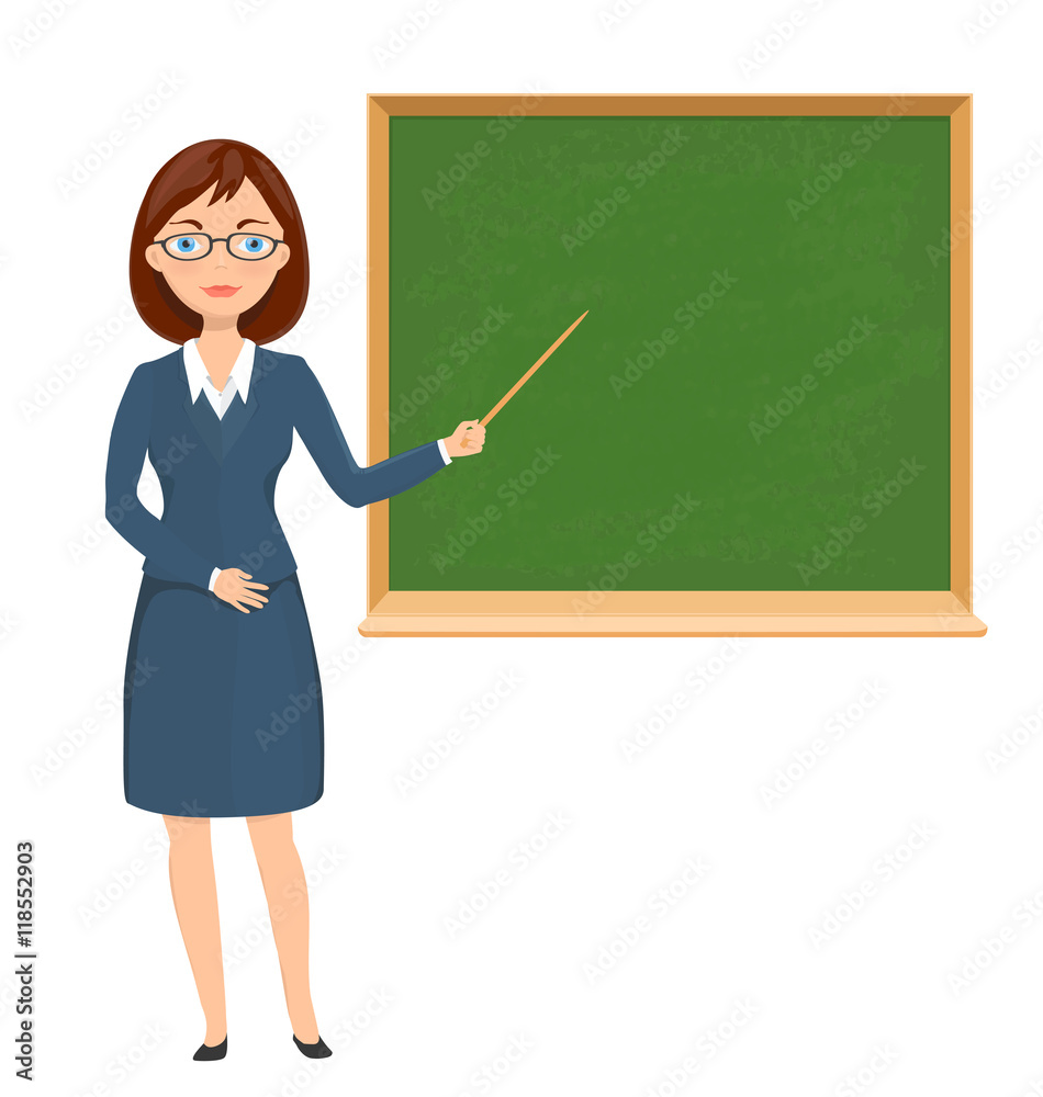 Young female teacher pointing on chalkboard. education theme Stock ...