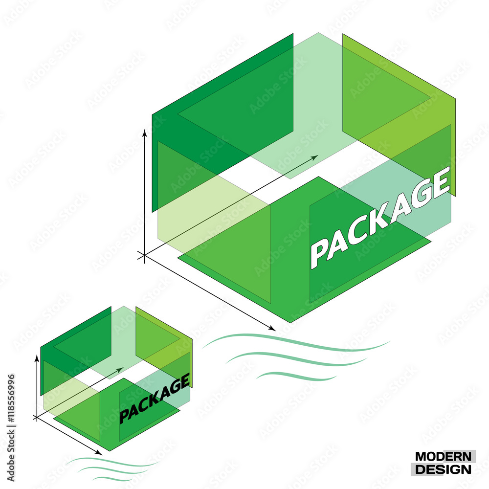Medium green packing box in 3D isometric view, in cross-section, with ...