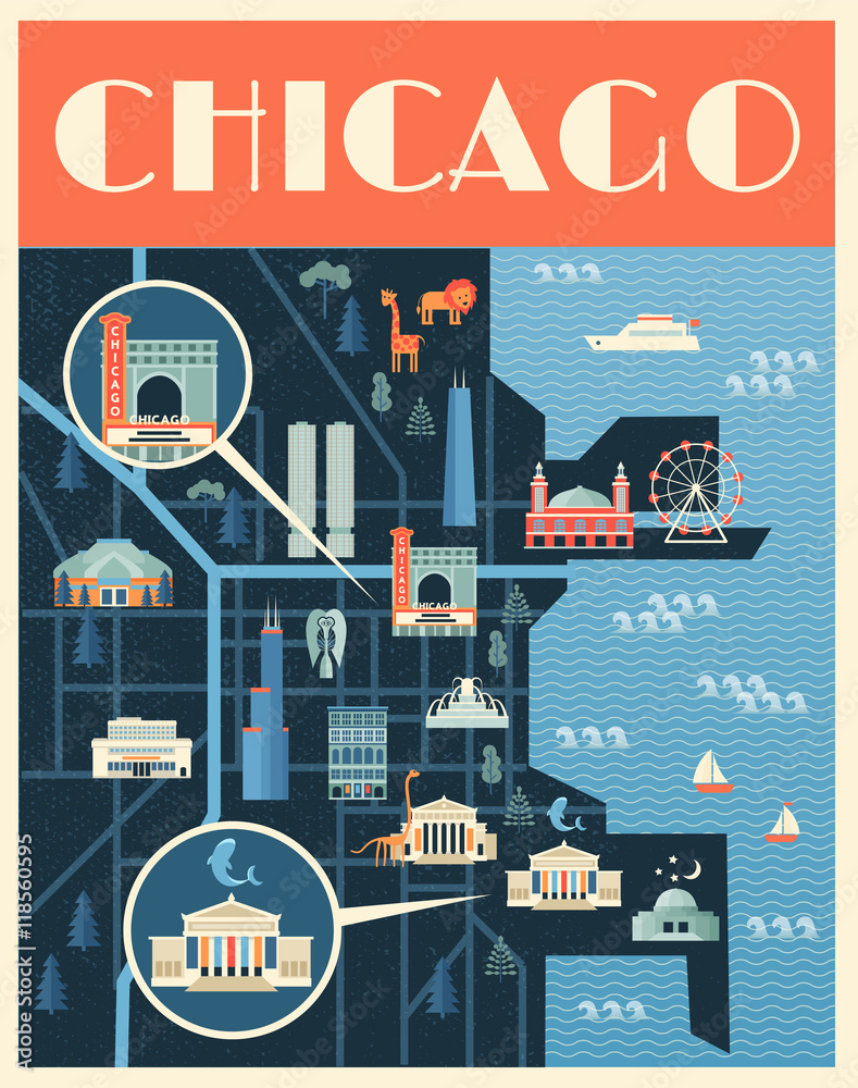 Vector poster illustration of map with landmarks of Chicago. Famous ...