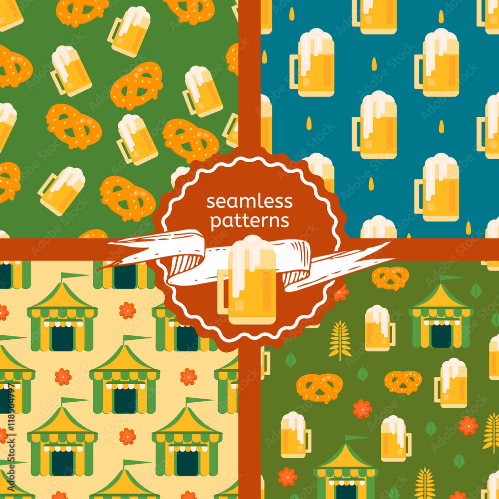 Set of beer theme patterns. Beer and pretzel, beer tent and beer mug ...